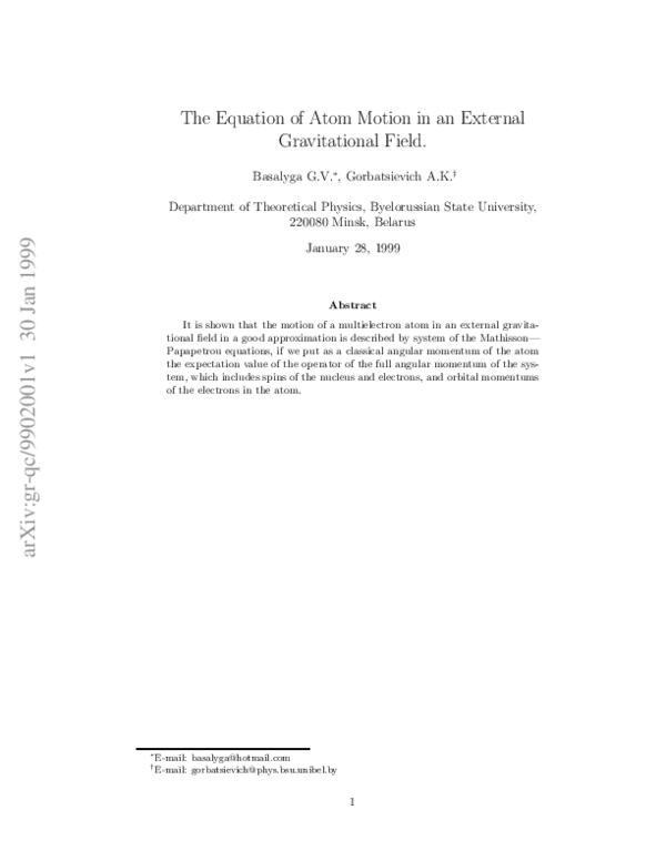 (PDF) The Equation of Atom Motion in an External Gravitational Field