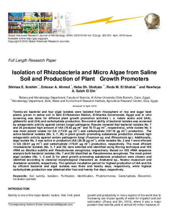 (PDF) Isolation of Rhizobacteria and Micro Algae from Saline Soil and ...