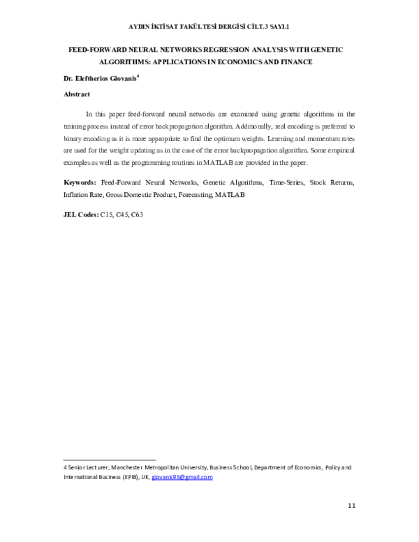 Pdf Feed Forward Neural Networks Regressions With Genetic Algorithms