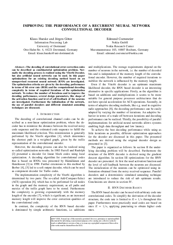 Pdf Improving The Performance Of A Recurrent Neural Network Convolutional Decoder