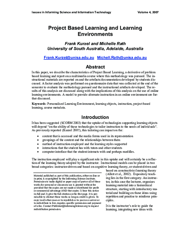 (PDF) Project Based Learning and Learning Environments