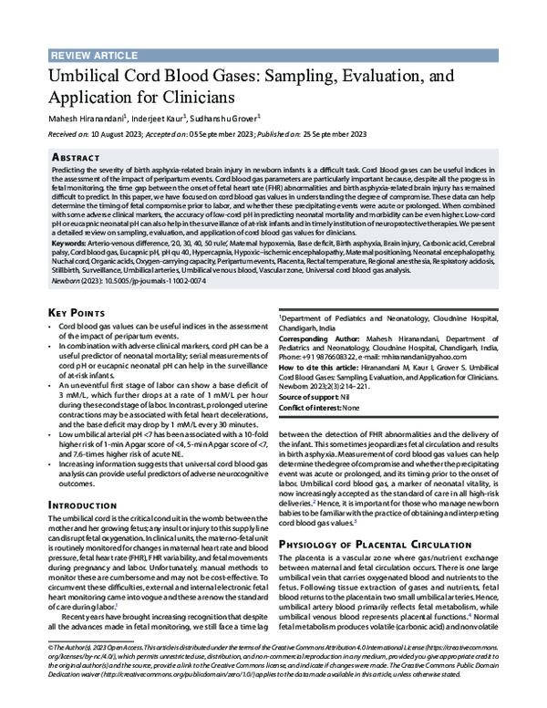 (PDF) Umbilical Cord Blood Gases: Sampling, Evaluation, and Application ...