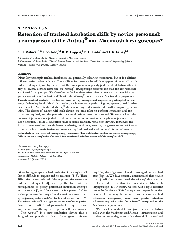 (PDF) Retention of tracheal intubation skills by novice personnel: a ...