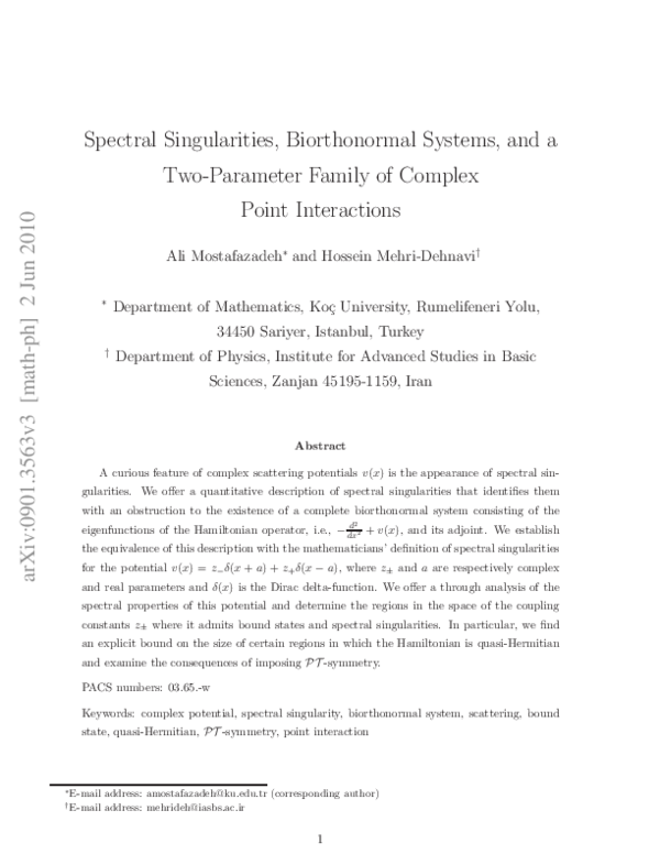(PDF) Spectral Singularities, Biorthonormal Systems, and Complex Point ...