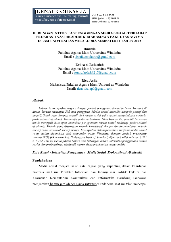 (PDF) Hubungan Intensitas Penggunaan Media Sosial Terhadap Prokrastinasi Akademik Mahasiswa ...