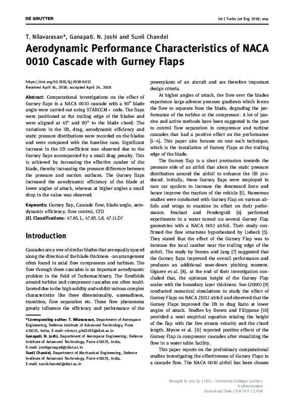 (PDF) Aerodynamic Performance Characteristics of NACA 0010 Cascade with Gurney Flaps