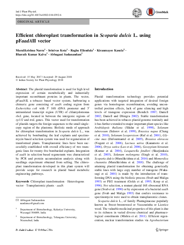 (PDF) Efficient chloroplast transformation in Scoparia dulcis L. using ...