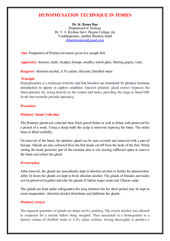 (PDF) HYPOPHYSATION TECHNIQUE IN FISHES