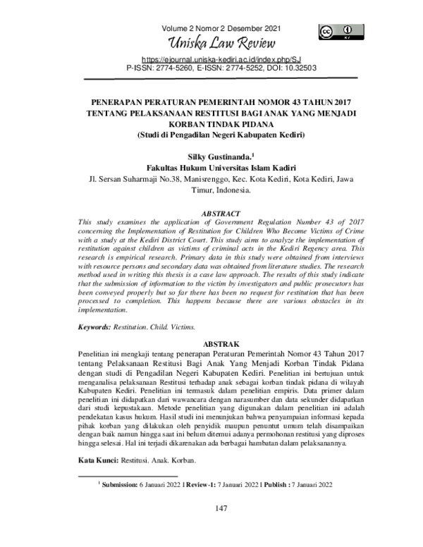 (PDF) Penerapan Peraturan Pemerintah Nomor 43 Tahun 2017 tentang Pelaksanaan Restitusi Bagi Anak ...