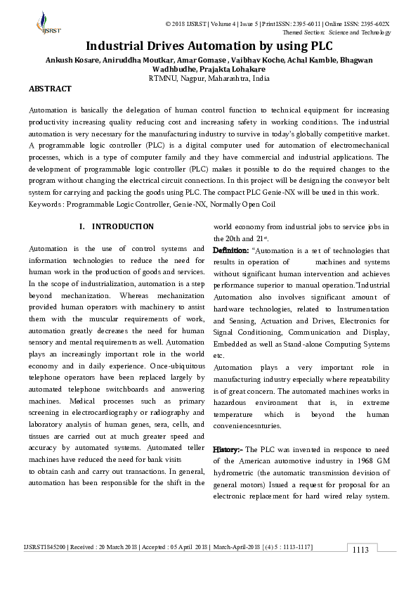 (PDF) Industrial Drives Automation by using PLC