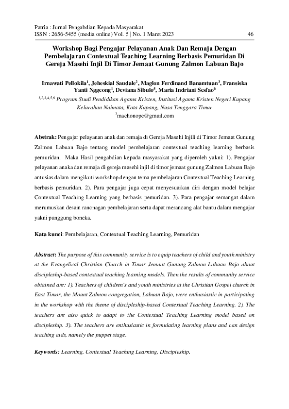 (PDF) Workshop Bagi Pengajar Pelayanan Anak Dan Remaja Dengan ...