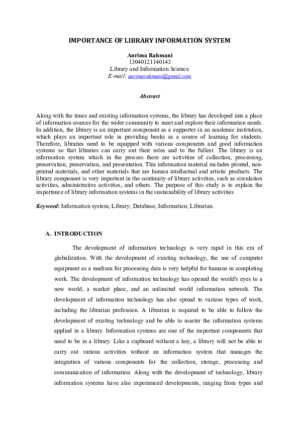 (DOC) IMPORTANCE OF LIBRARY INFORMATION SYSTEM