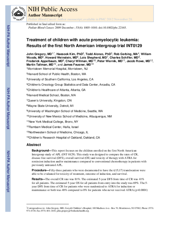 (PDF) Treatment of children with acute promyelocytic leukemia: Results ...