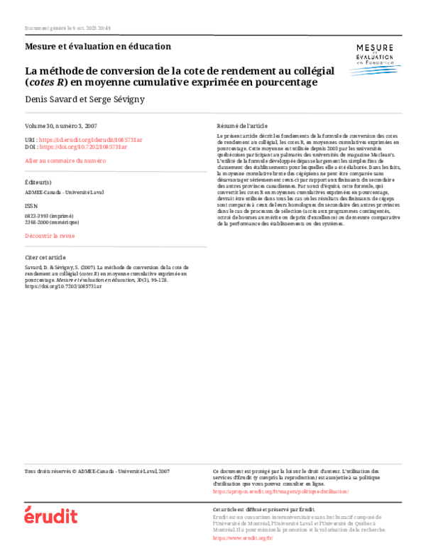 (PDF) La méthode de conversion de la cote de rendement au collégial ...