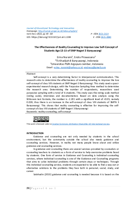 (PDF) The Effectiveness of Reality Counseling to Improve Low Self-Concept of Students Age 13-15 ...