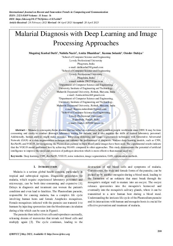 (PDF) Malarial Diagnosis with Deep Learning and Image Processing Approaches