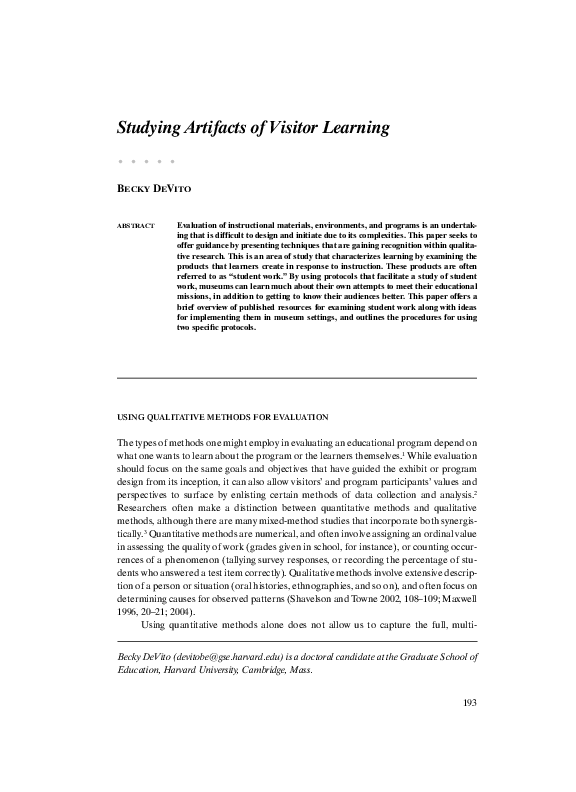 (PDF) Studying Artifacts of Visitor Learning