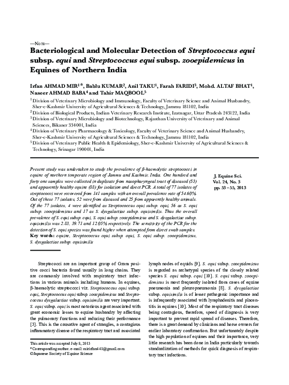 Pdf Bacteriological And Molecular Detection Of Streptococcus Equi Subsp Equi And