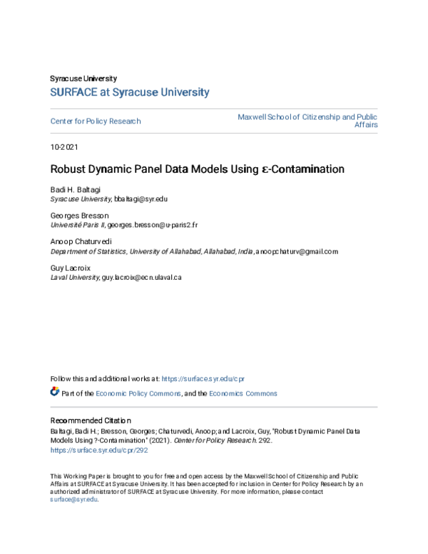 (PDF) Robust Dynamic Panel Data Models Using -Contamination