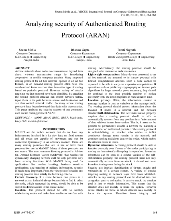 (PDF) Analyzing security of Authenticated Routing Protocol (ARAN)