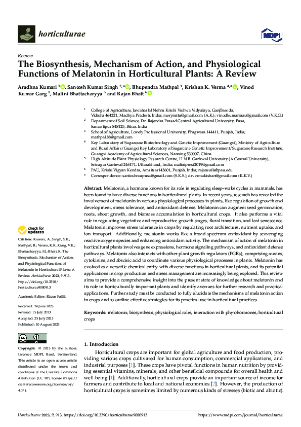 (PDF) The Biosynthesis, Mechanism of Action, and Physiological Functions of Melatonin in ...