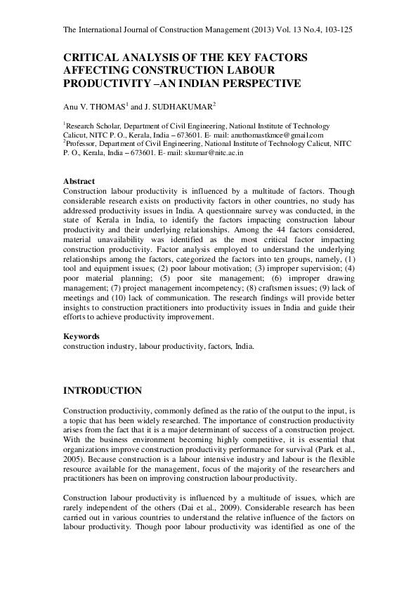 Pdf Critical Analysis Of The Key Factors Affecting Construction