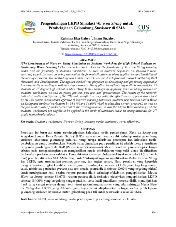 (PDF) Pengembangan LKPD Simulasi Wave on String untuk Pembelajaran Gelombang Stasioner di SMA