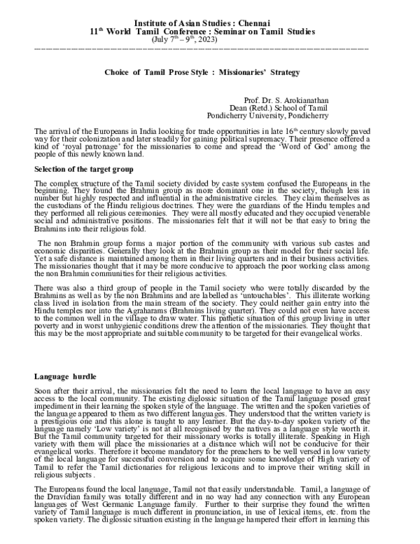 (DOC) Institute of Asian Studies : Chennai 11 th World Tamil Conference ...