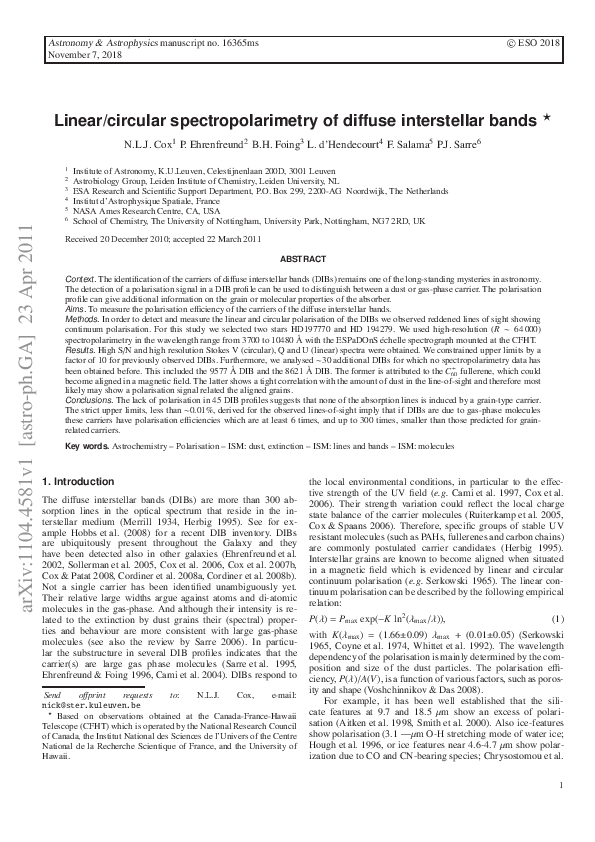 (PDF) Linear and circular spectropolarimetry of diffuse interstellar bands