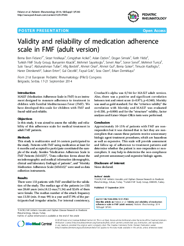 (PDF) Validity and reliability of medication adherence scale in FMF ...