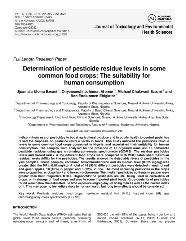(PDF) Determination of pesticide residue levels in some common food ...