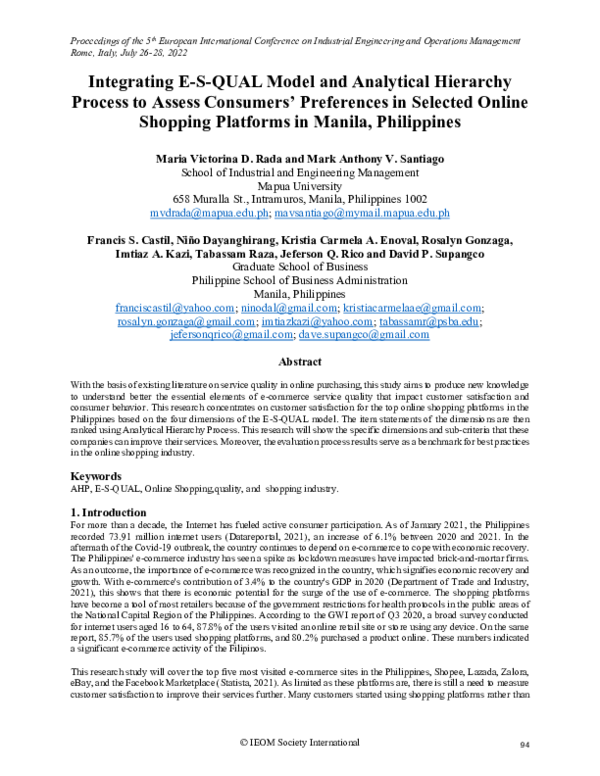 (PDF) Integrating E-S-QUAL Model and Analytical Hierarchy Process to Assess Consumers ...