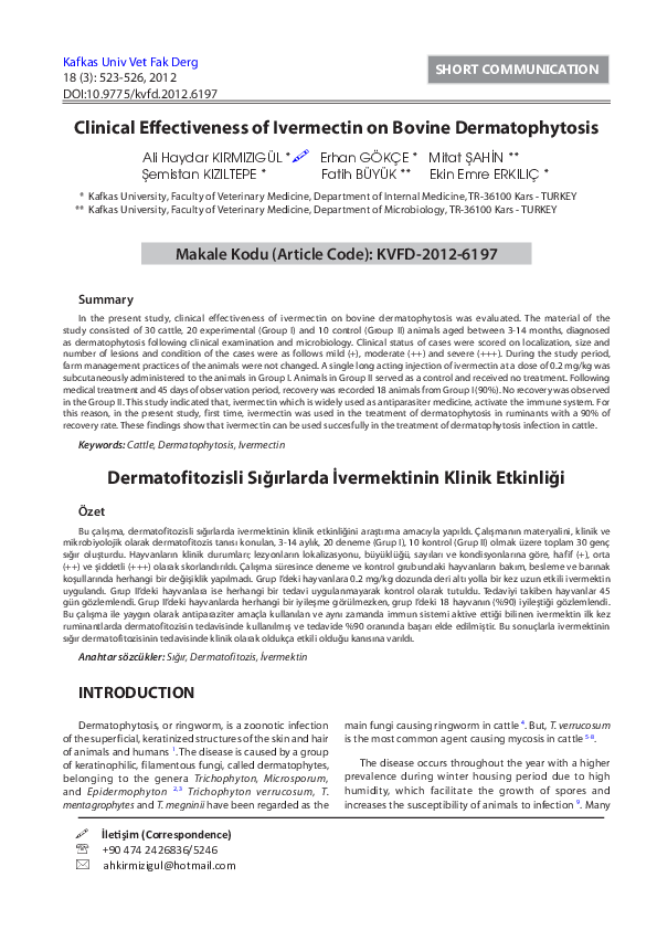 (PDF) Clinical Effectiveness of Ivermectin on Bovine Dermatophytosis