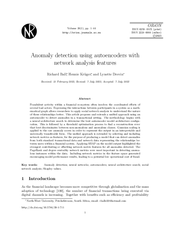 Pdf Anomaly Detection Using Autoencoders With Network Analysis Features