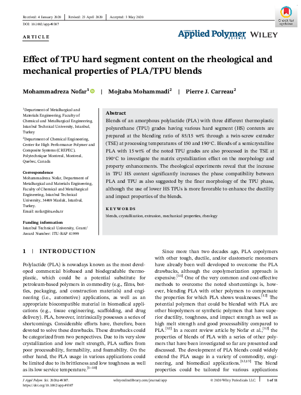 (PDF) Effect of TPU hard segment content on the rheological and ...