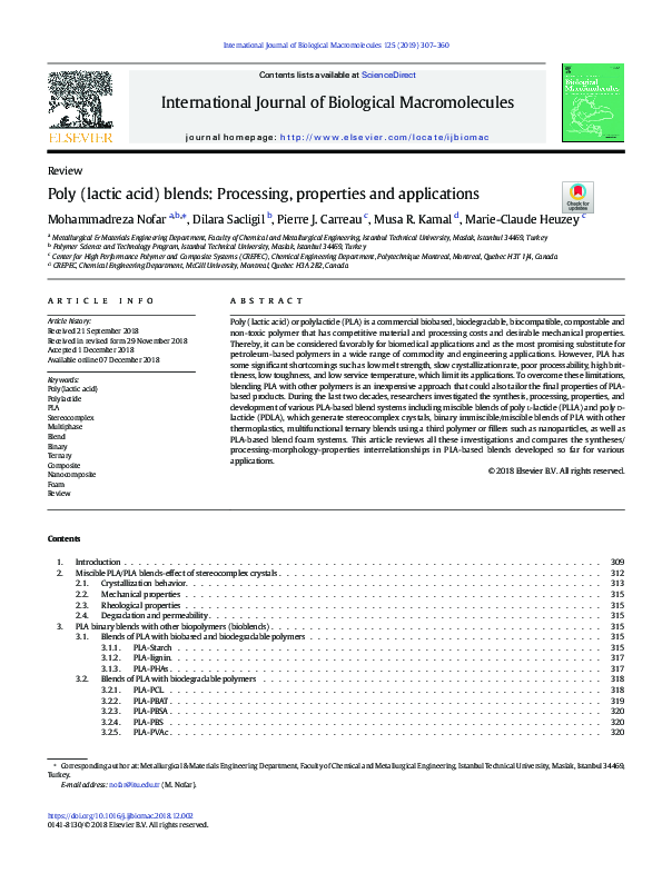 (PDF) Poly (lactic acid) blends: Processing, properties and applications