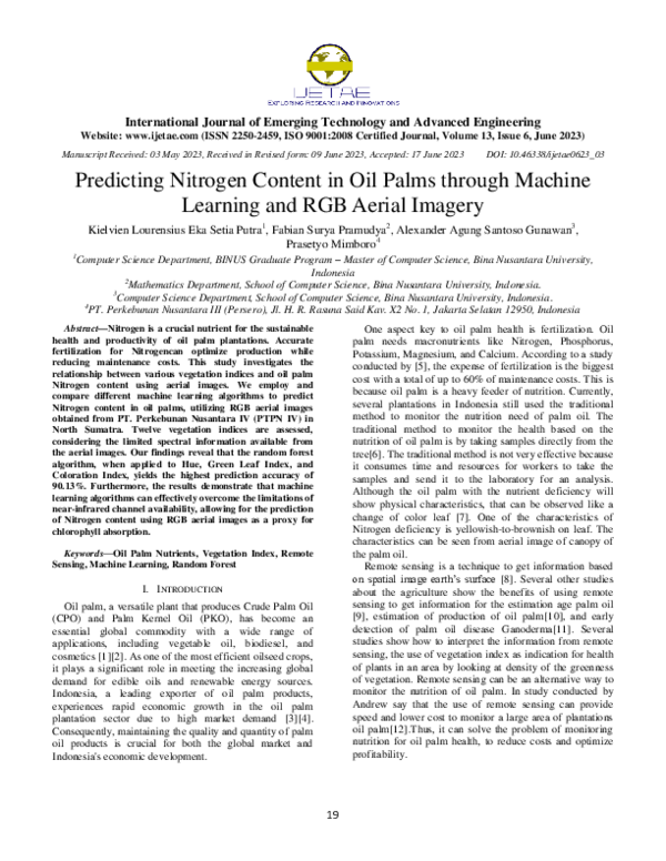 (PDF) Predicting Nitrogen Content in Oil Palms through Machine Learning and RGB Aerial Imagery