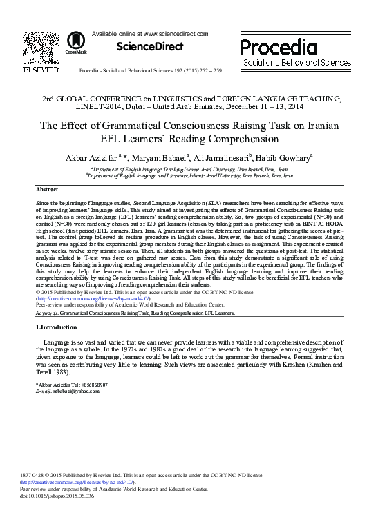 (PDF) The Effect of Grammatical Consciousness Raising Task on Iranian EFL Learners’ Reading ...