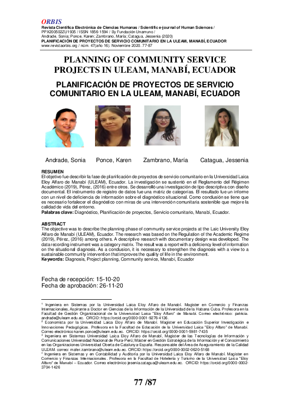 (PDF) Planificación de proyectos de servicio comunitario en la ULEAM, MANABÍ, Ecuador