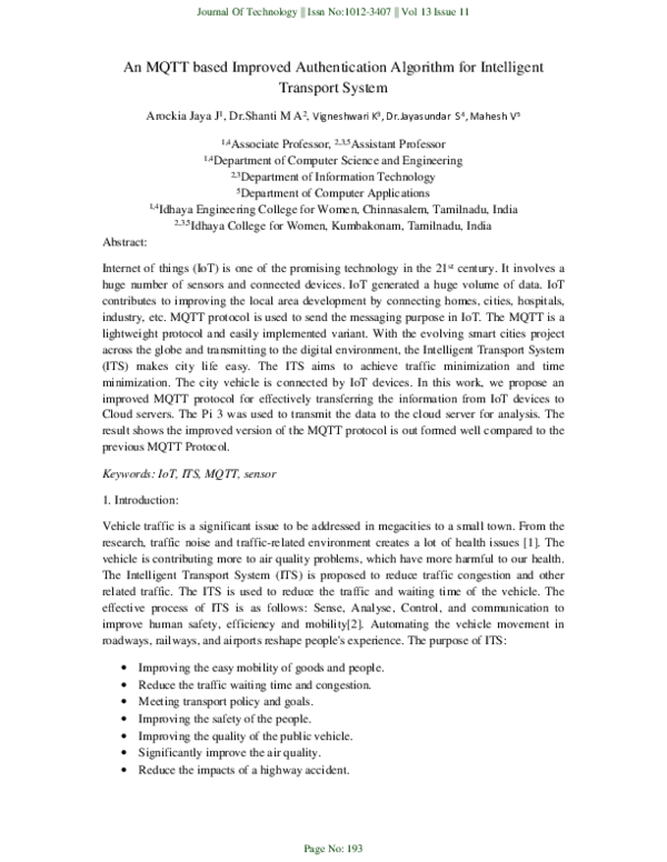 (PDF) An MQTT based Improved Authentication Algorithm for Intelligent Transport System | Arockia ...