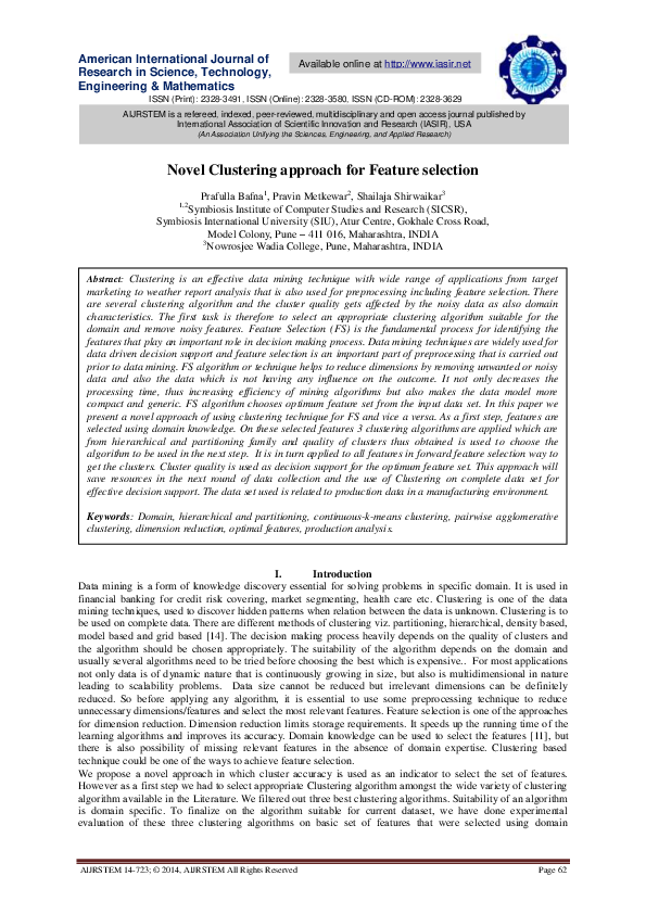 (PDF) Novel Clustering approach for Feature selection
