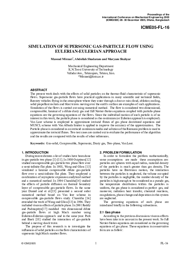 Pdf Numerical Simulation Of Supersonic Gas Particle Flow Using Eulerian Eulerian Approach