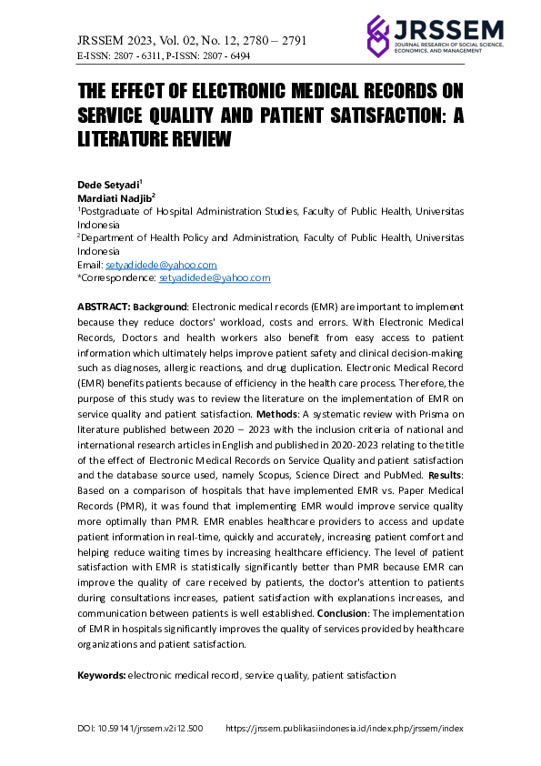 Pdf The Effect Of Electronic Medical Records On Service Quality And