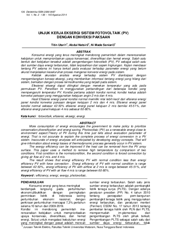 (PDF) Unjuk Kerja Eksergi Sistem Fotovoltaik (PV) Dengan Konveksi Paksaan
