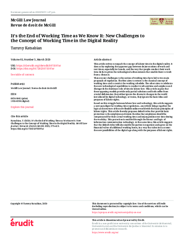 (PDF) It’s the End of Working Time as We Know It: New Challenges to the ...