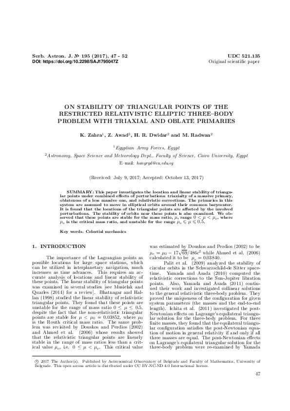 (PDF) On stability of triangular points of the restricted relativistic elliptic three-body ...