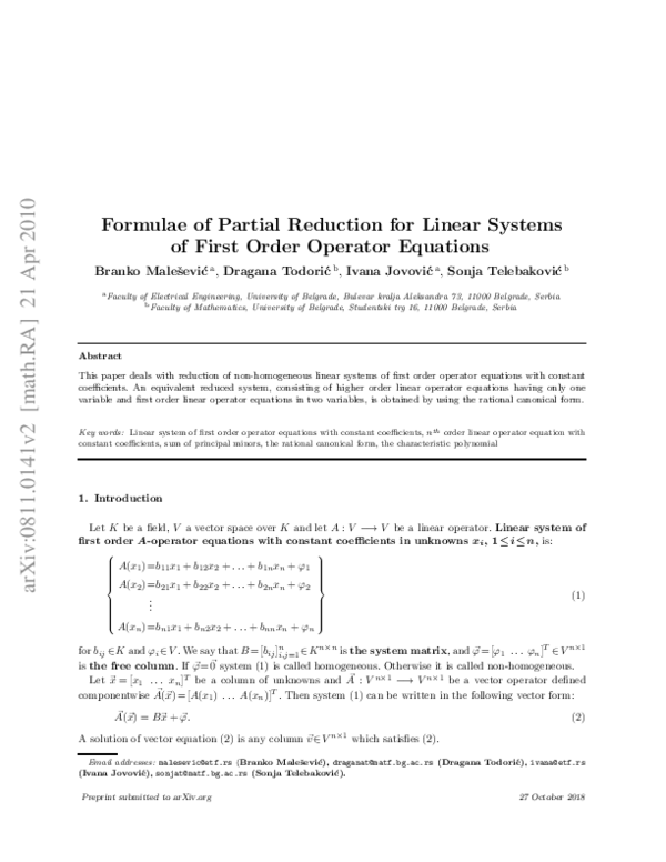 (PDF) Formulae of Partial Reduction for Linear Systems of First Order Operator Equations ...