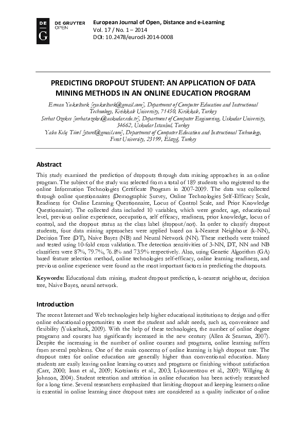 (PDF) Predicting Dropout Student: An Application of Data Mining Methods in an Online Education ...