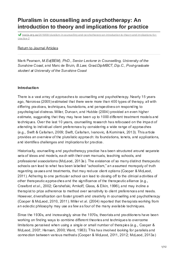 (PDF) Pluralism in Counselling and Psychotherapy: An Introduction to Theory and Implications for ...