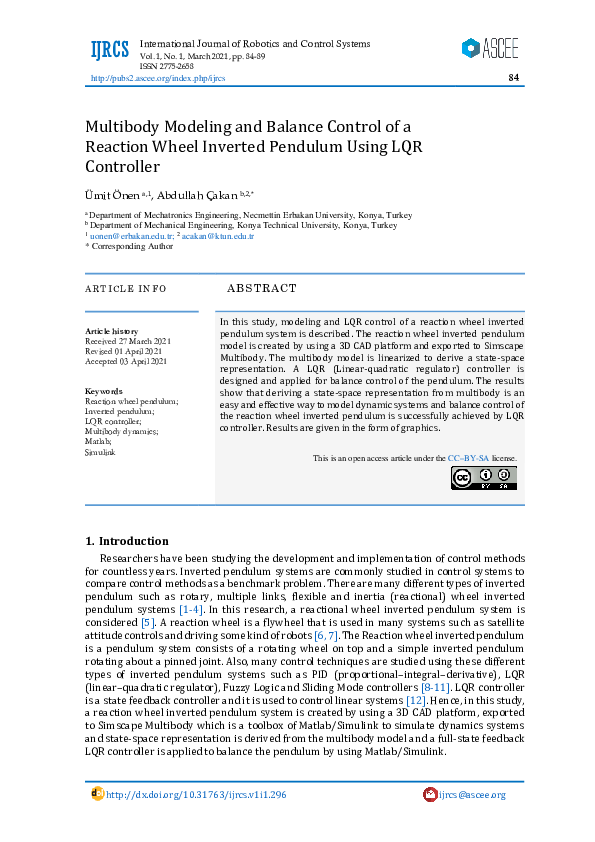 (PDF) Multibody Modeling and Balance Control of a Reaction Wheel Inverted Pendulum Using LQR ...